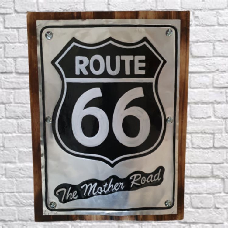 wood and tin art "route 66 The Mother Road"