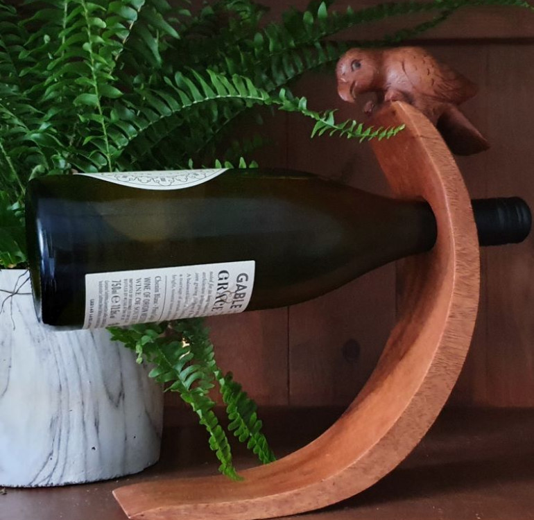 Hand Carved Curved Wine Bottle Holder Parrot
