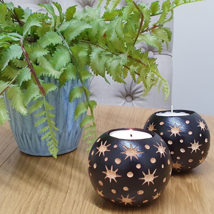 Hand Crafted Carved Wood Ball Shape set of 2 candle holders