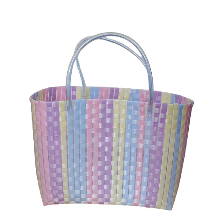 Recycled Plastic Hand Woven Tote Bag With Smooth Handles - Pastel Colour