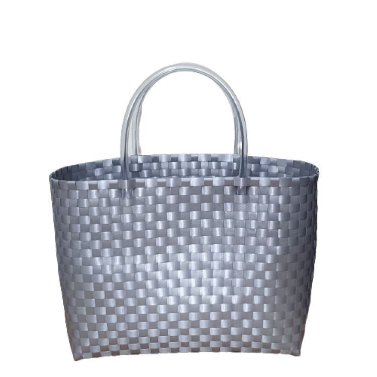 Recycled Plastic Hand Woven Medium Tote Bag with Smooth Handle Silver