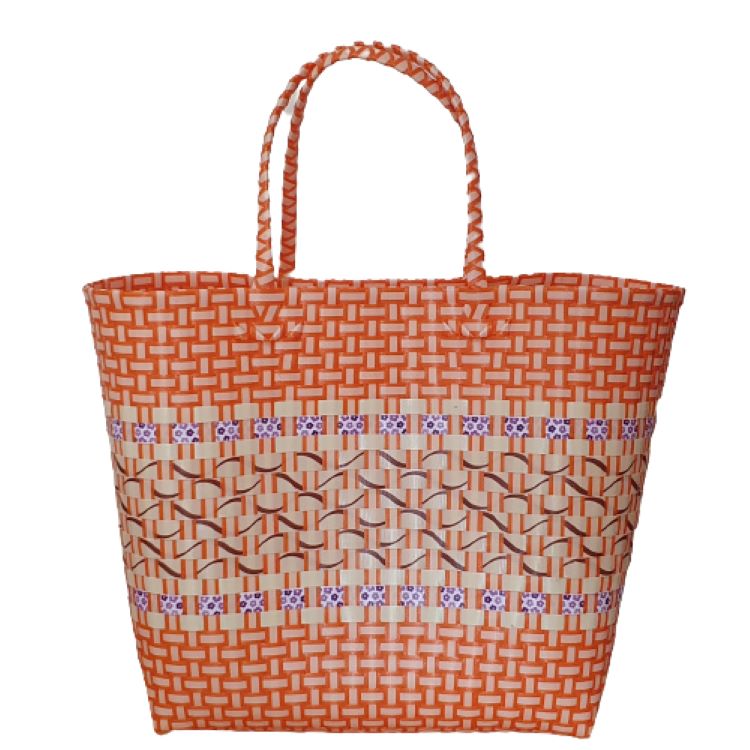 Recycled Plastic Hand Woven Medium Tote Bag - Orange Colours
