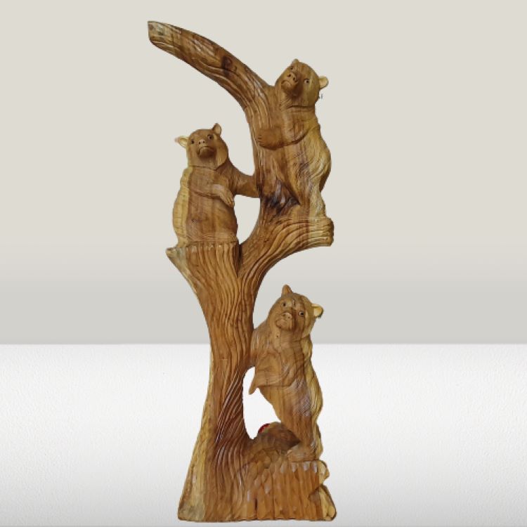 Hand Carved Large Wooden 3 Bears on Tree Sculpture