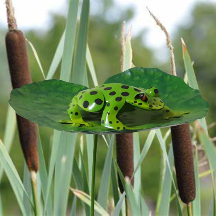 Metal Green Frog on Green Lilypad Stick Garden Ornament