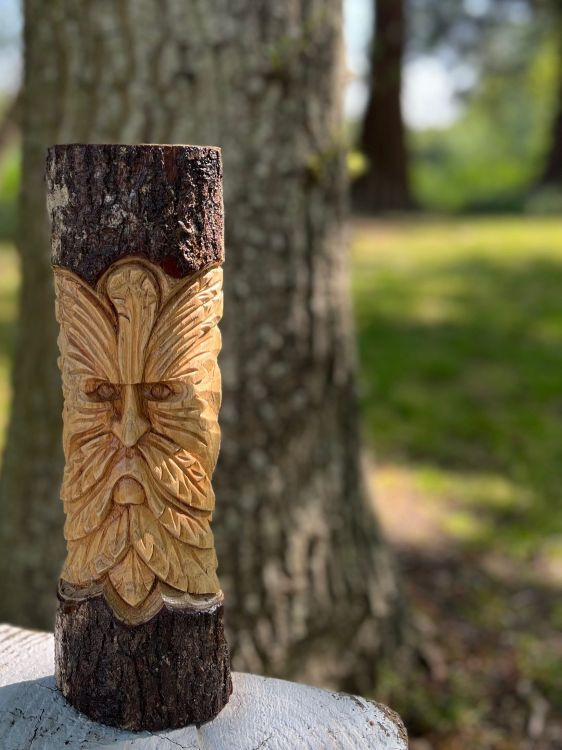 Hand Carved Wooden Green Man 30cm Wall Plaque Half Log Statue