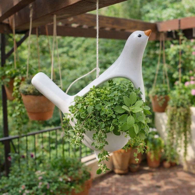 Ceramic Hanging White Bird Planter Herb Bird