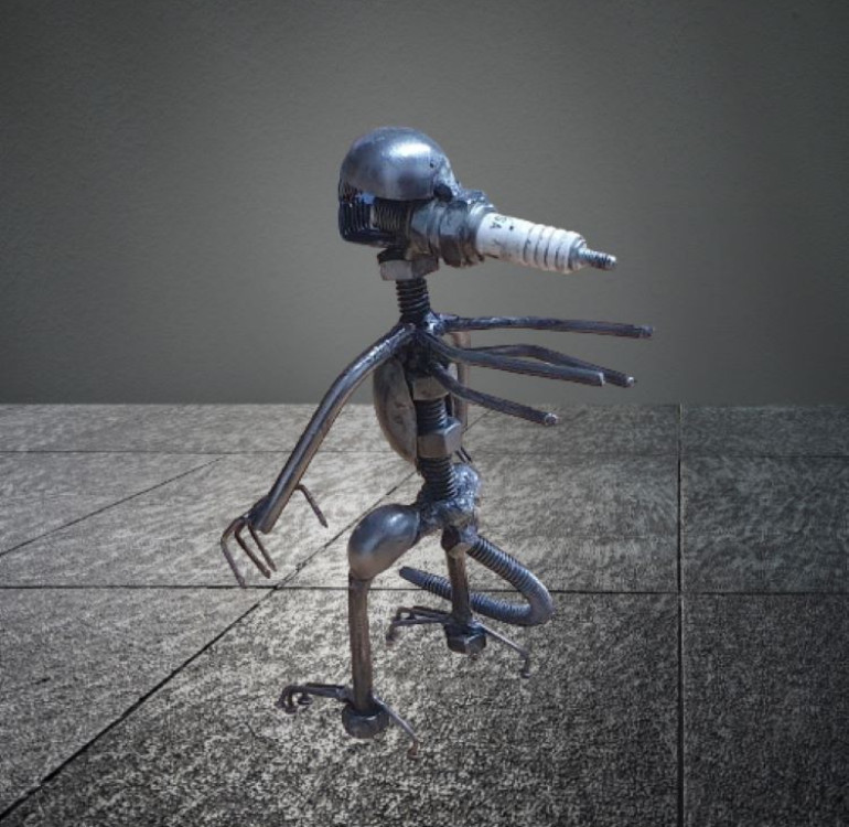 Handcrafted Recycled Metal Small Alien Sculpture