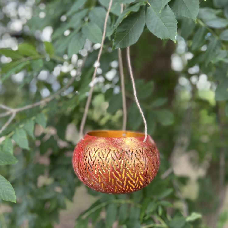 Recycled Coconut Shell Hanging Candle Holder - Red and Gold