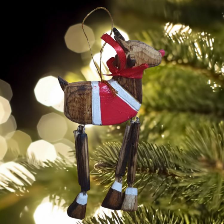 Handmade Wooden Reindeer with Red Bow Christmas Tree Decoration