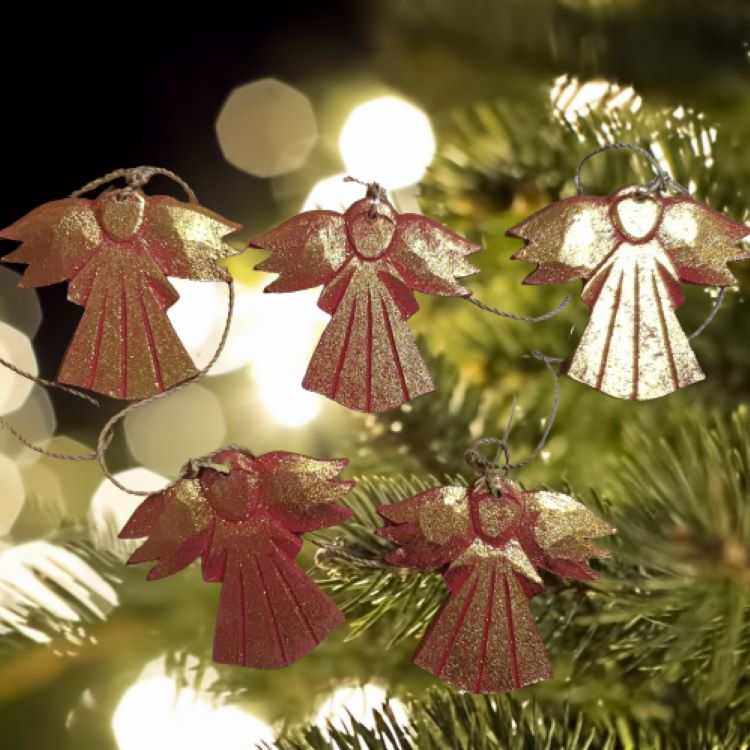 handmade wooden christmas angels garland string red and gold