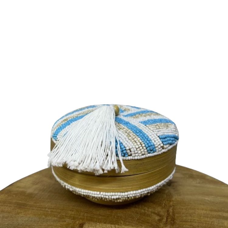 Handmade Balinese Beaded and Bamboo Trinket Box - Blue, White and Sand ...