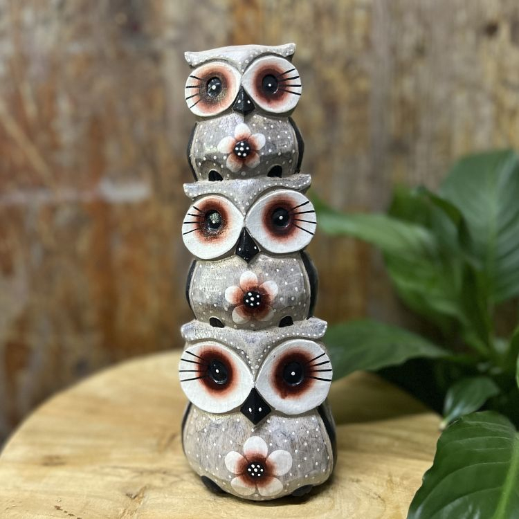 Hand Carved Wooden Owl Stack Grey Spotty With Flower Design