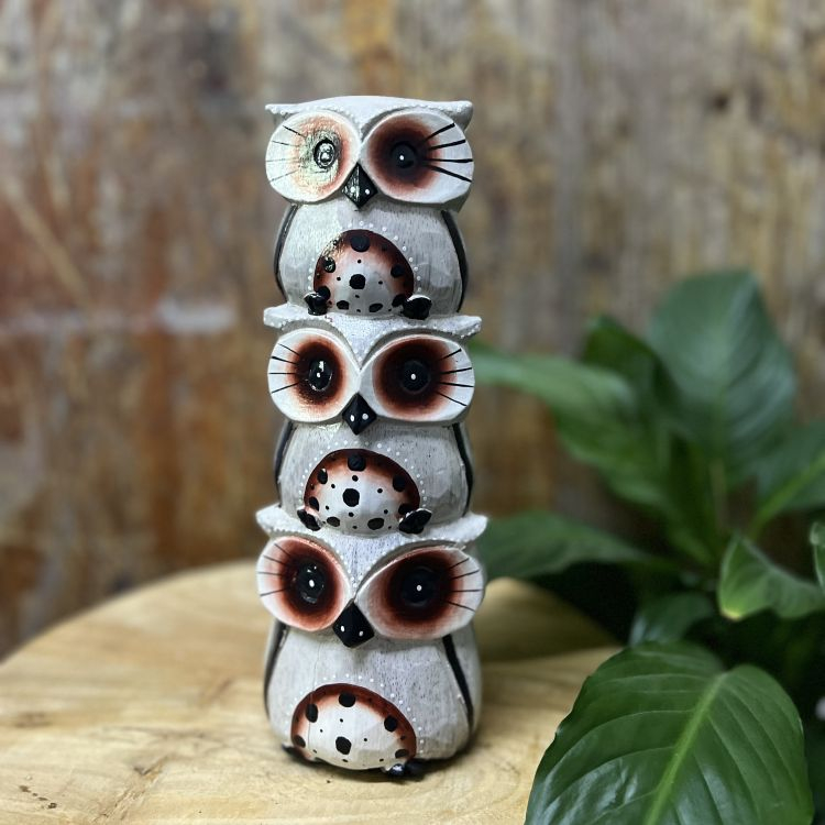 Hand Carved Wooden Owl Stack Grey Spotty Design